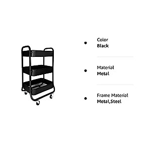 HOMESTEAD 3-Tier Rolling Cart - Heavy Duty Metal Rolling Cart, Lockable Casters, Multifunctional Storage Shelves - Great for Kitchen, Office, Bathroom, Laundry Room (Black)