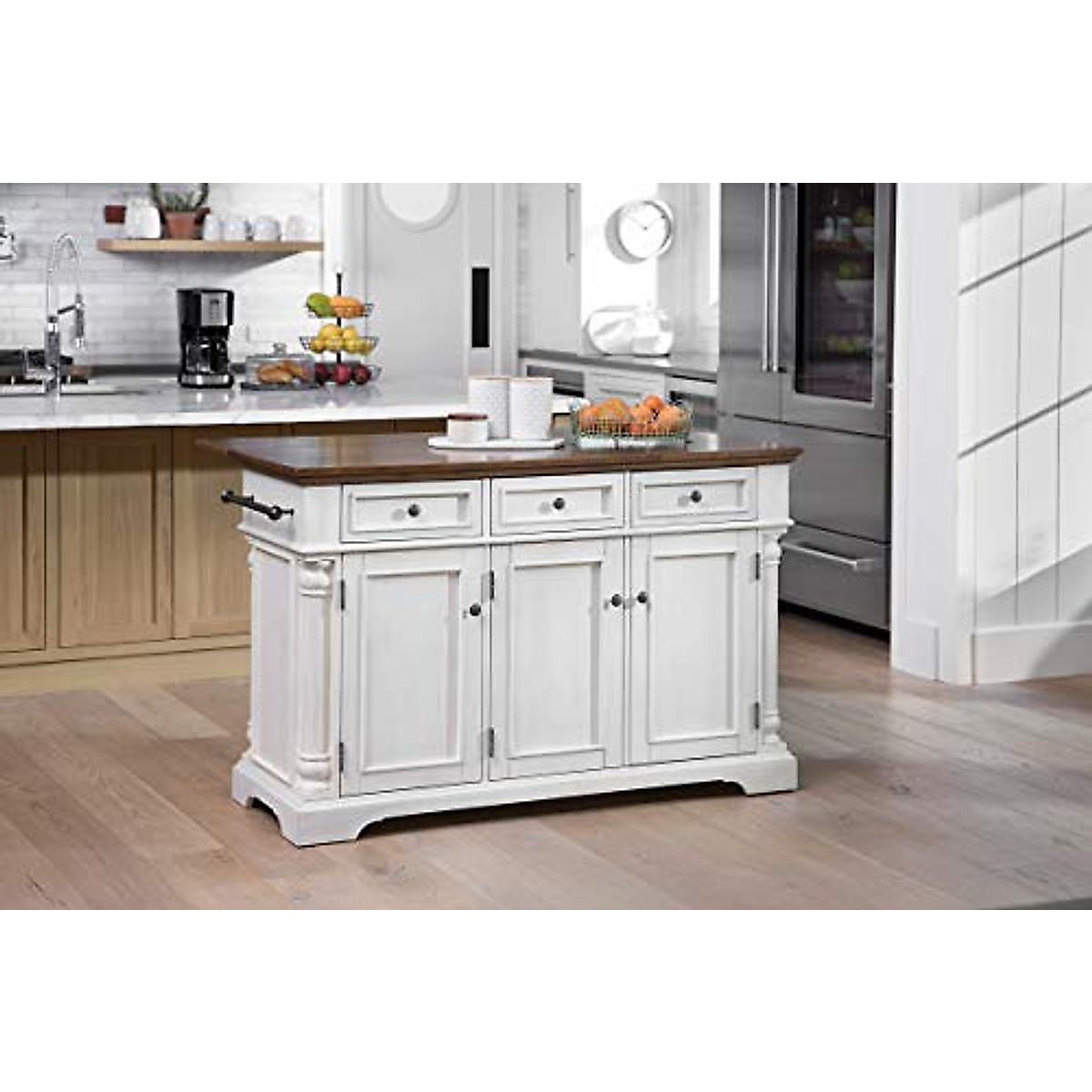 OSP Home Furnishings Cocina Kitchen Island with Wood Top, Drop Leaf and Decorative Steel Hardware, White and Brown