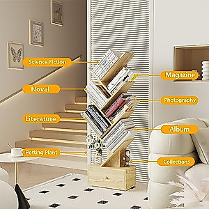 Youkia 6 Tier Tree Bookshelf, 6 Free Standing Bookcases, Morden Wooden Tree Book Shelf with Drawer, Tall Display Utility Storage Organizer Book Shelves for Living Room, Bed Room, Office, Cedar Wood