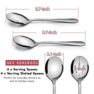 Hammered Serving Spoons, E-far 8-Piece Metal Serving Utensils Set - Solid Spoons x 4, Slotted Spoons x 4, Stainless Steel Hostess Serving Tablespoons Set for Catering Buffet Party Kitchen Restaurant