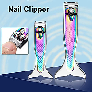 2Pcs Mermaid Nail Clipper Set, Fishtail Design Comfortable Grip Stainless Steel Easy to Use Fingernail Scissors Cutter for Home Use, Christmas Birthday Stocking Stuffers (Multicolor)