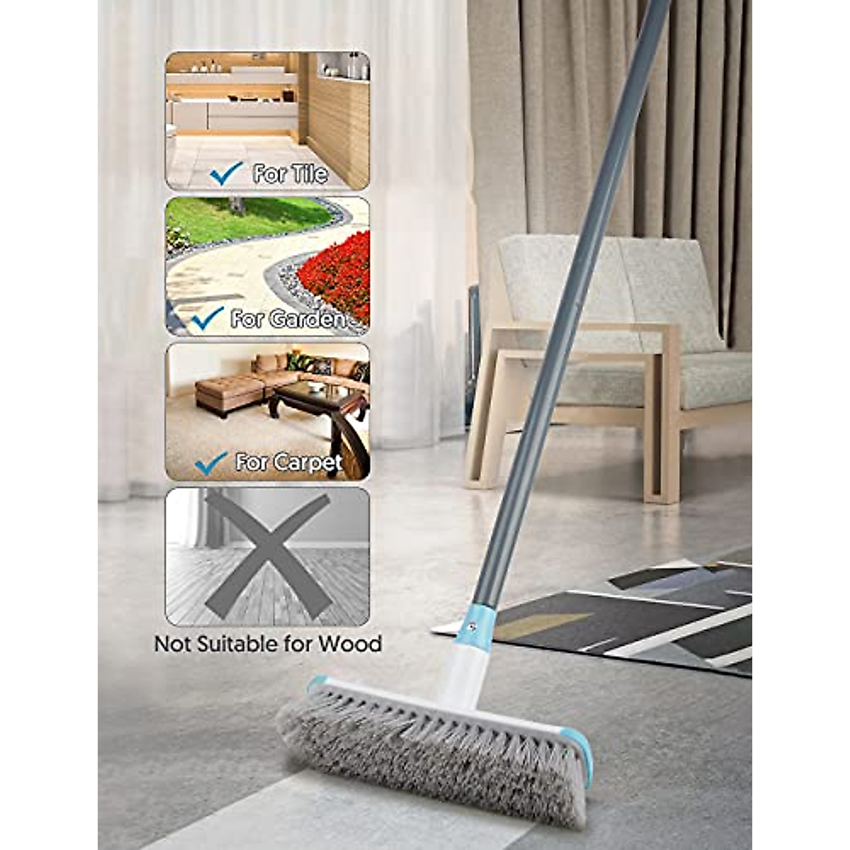 SEVENMAX Floor Scrub Brush with Long Handle, Deck Grout Brush 2 in 1 Scrubber Brush Stiff Bristles Adjustable Carpet Cleaning Brush for Kitchen, Tub, Bathroom, Tile
