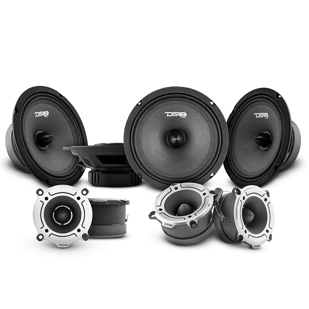 DS18 Bundle Car Speakers - 4X 6.5 Loudspeaker with Bullet 4-Ohm 120 Watts Peak & 4X 3” PRO Aluminum Super Bullet Tweeter 240 Watts Peak with Built in Crossover - Pro Car Audio Package Mid and High