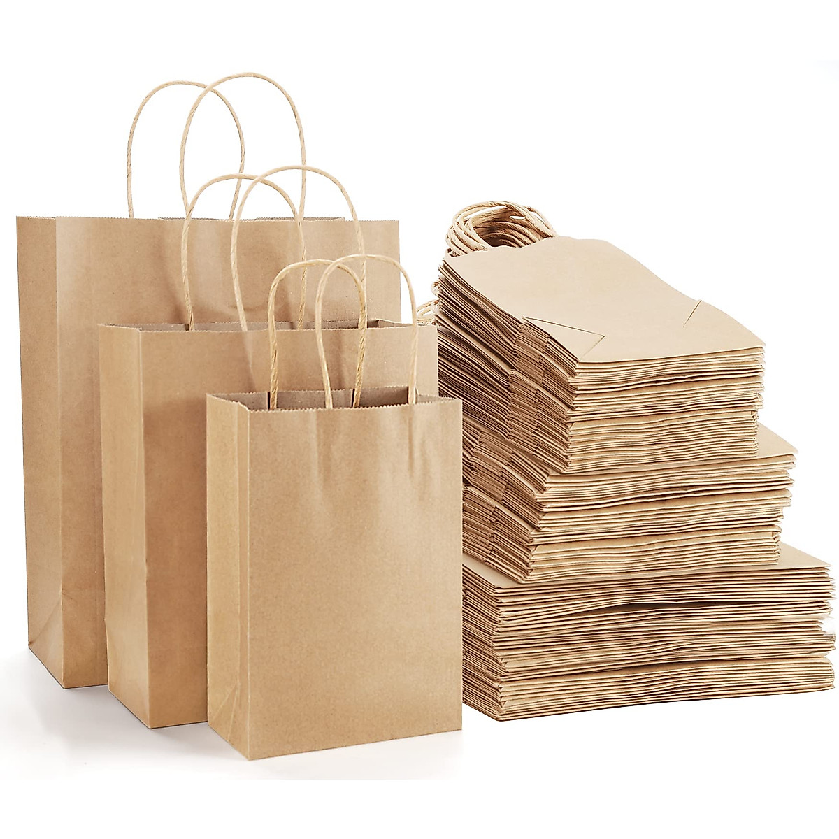 Kslong 105 Pack Brown Kraft Gift Bags with Handles, Natural Plain Kraft Paper Shopping Bags Bulk for Retail Business, Grocery, Merchandise, Craft, Birthday, Wedding, Party Favors in 3 Sizes