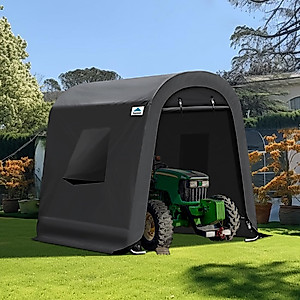 ADVANCE OUTDOOR 6x8 ft Shelter Storage Shed Steel Metal Round Peak Roof Anti-Snow Portable Garage Carport for Motorcycle, Boat, or Garden Tools with 2 Roll up Doors & Vents, Gray