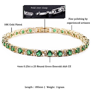 RIZILIA Eternity Tennis Bracelet & Round Cut CZ Simulated Green Emerald in Yellow Gold Plated, 7"