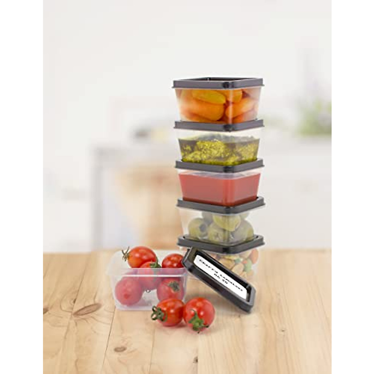 ZENVY 50 Pack Mini Reusable 2oz Containers | Includes 50 Plastic 2oz Food Containers and Lids | For Sauces, Dips, Crafts & More (Black, Rectangle)