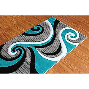 Masada Rugs, Sophia Collection Hand Carved Area Rug Modern Contemporary Turquoise White Grey Black (2 Feet X 7 Feet 3 Inch) Runner