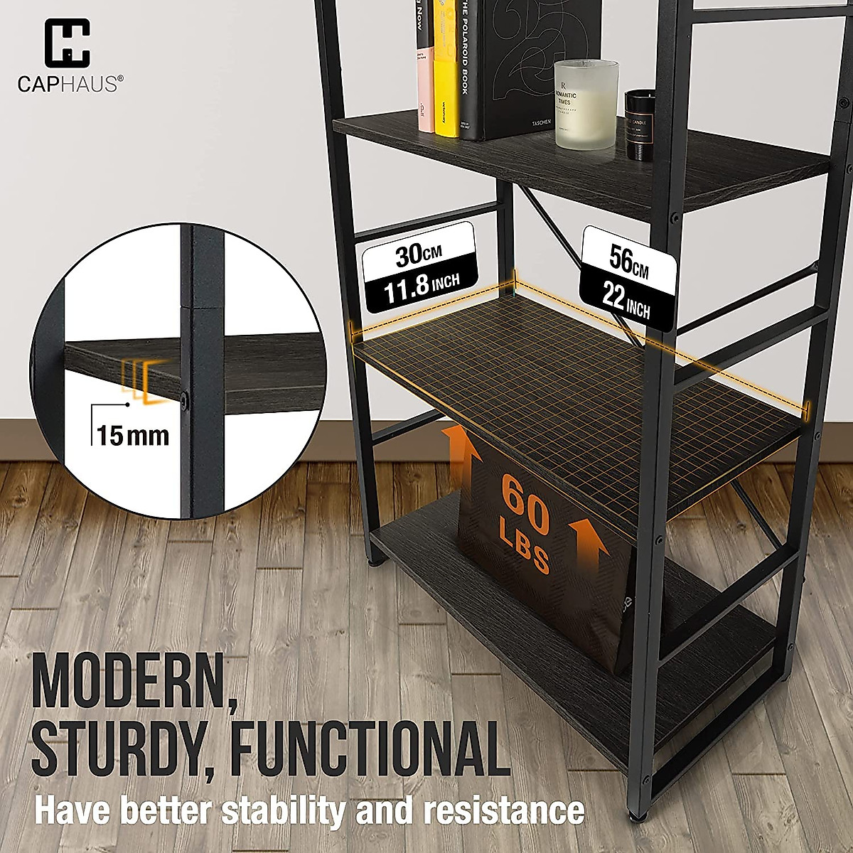 CAPHAUS 6 Tier Bookshelf, 24 Inch Width Free Standing Shelf, Bookcase Shelf Storage Organizer, Industrial Book Shelves for Home Office, Living Room, Kitchen, Black Shelves & Metal Frame