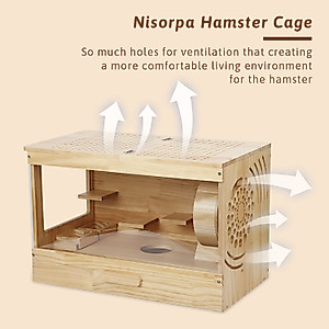 Nisorpa Hamster Cage, Wooden Hamster Habitats with Runner's Carousel & Acrylic Windows 2-Tiers Mice and Rat House Openable Top, Ventilator,Pull-Out Tray for Guinea Pig Chinchilla Small Animal