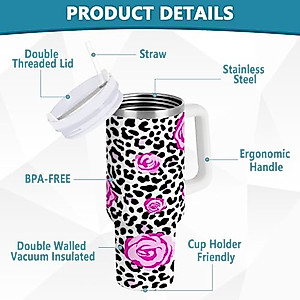 RPLIFE Pink Roses Leopart Print Tumbler Cup, Stainless Steel Coffee Cup, Insulated Cups with Lids, Tumbler for Men