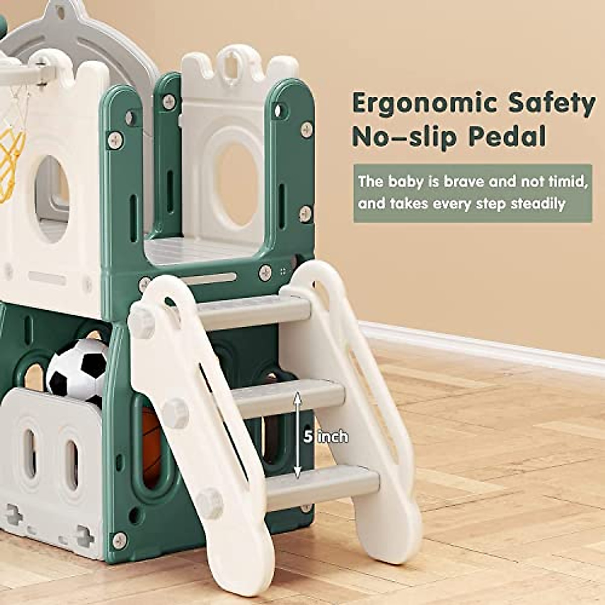 Lischwert Toddler Slide, Indoor Slide Playground Set for Kids, Outdoor Slide Freestanding Playset, 7-in-1 Slide with Basketball Hoop and Climber for Kids Age 1+(Yellow/Green)