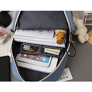 AONUOWE 5 pcs Cute Aesthetic Backpack Set for School Teens, 3 Plushies & 5 Pins & Cards Kawaii Backpack with Accessories (Blue)