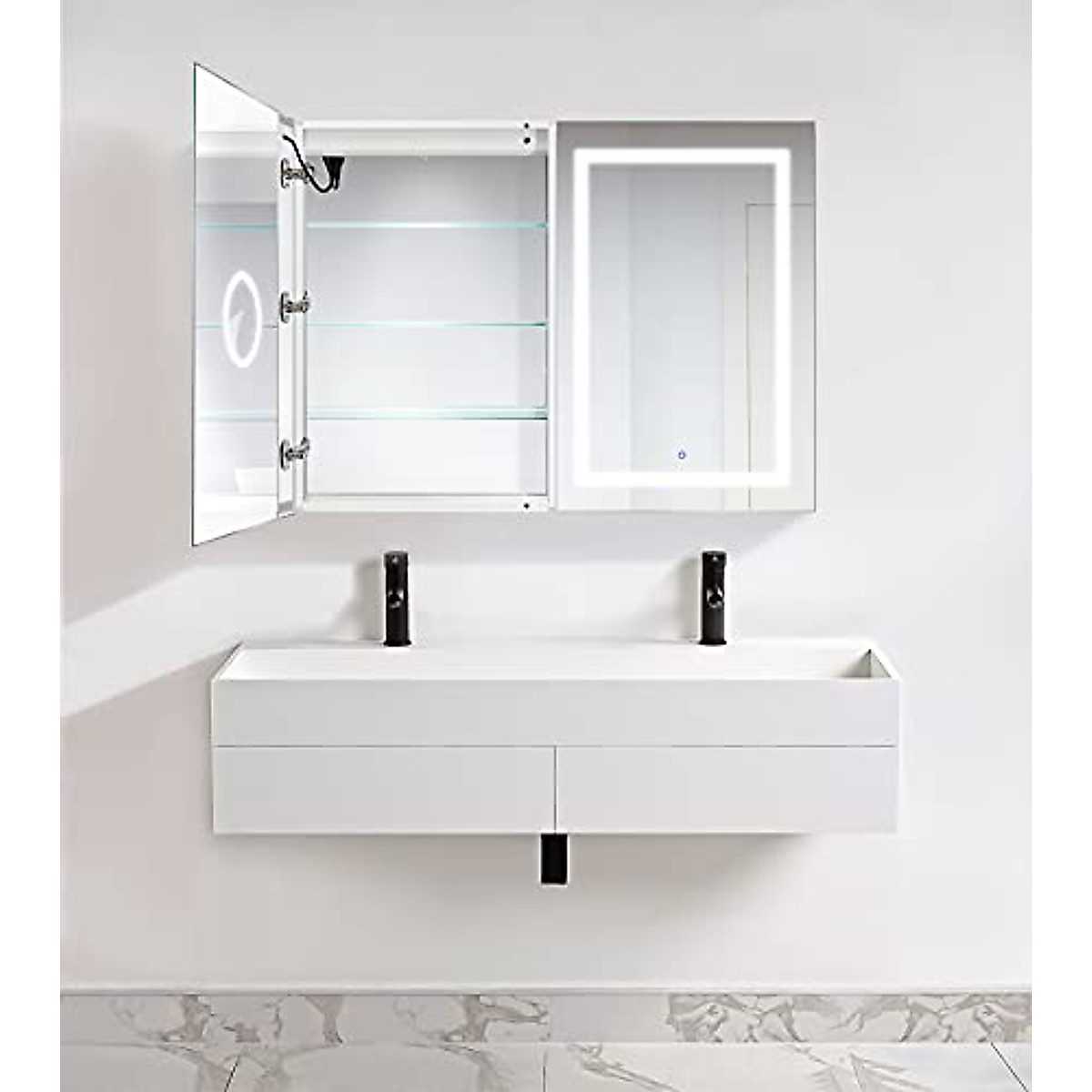 Krugg LED Medicine Cabinet 48 Inch X 36 Inch | Recessed or Surface Mount Mirror Cabinet w/Dimmer & Defogger + 3X Makeup Mirror Inside & Outlet + USB