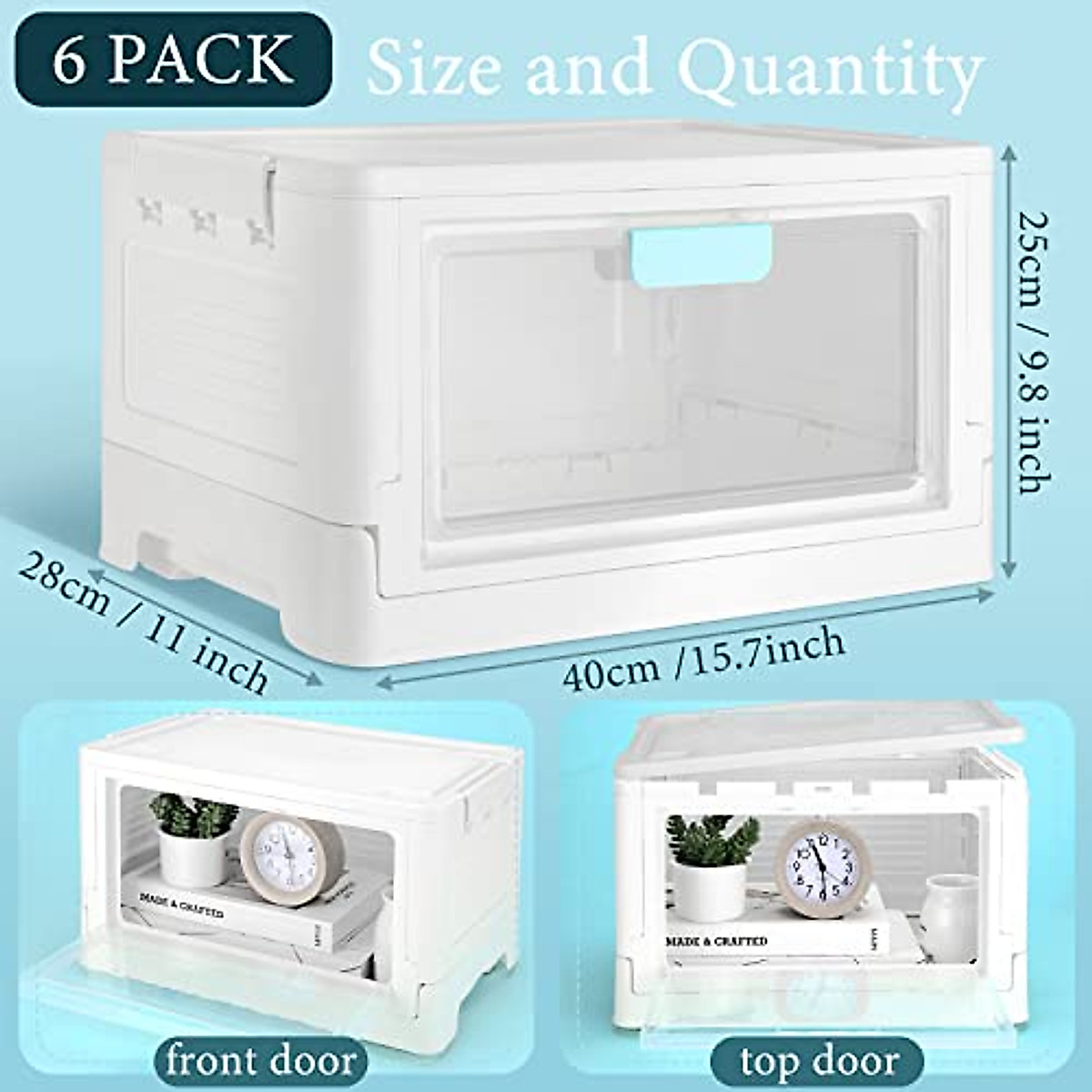 Berlune 23 Quart Stackable Storage Bins with Double Doors 15 x 11 x 9.8 In, Collapsible Plastic Storage Bins Foldable Lidded Storage Boxes with Wheels for Room Book Toy Organization (6 Pieces)