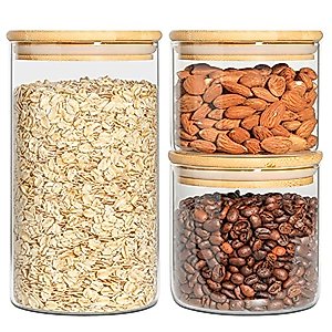 ComSaf Airtight Canisters for Bulk Food Storage Set of 3-17/22/43oz, BPA Free High Borosilicate Glass Cookies Jar with Bamboo Lid, Cylinder Cereal Container with Sealing