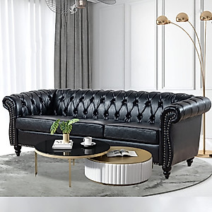 TINGMAMADEHUA Black Chesterfield Sofa,3 Seater Sofas,Button Tufted Faux Leather Couch for Living Room Bedroom Office