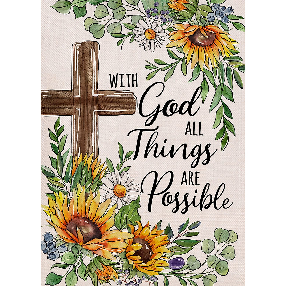 Covido With God All Things Are Possible Religious Spring Summer Easter Decorative Garden Flag, Cross Sunflower Yard Outside Decorations, Inspirational Fall Autumn Outdoor Small Home Decor 12 x 18