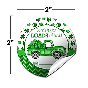 Loads of Luck Green Pickup Truck with Clover St. Patrick’s Day Gift Tag Sticker Labels for Kids, 40 2" Party Circle Stickers by AmandaCreation, Great for Party Favors, Envelope Seals & Goodie Bags
