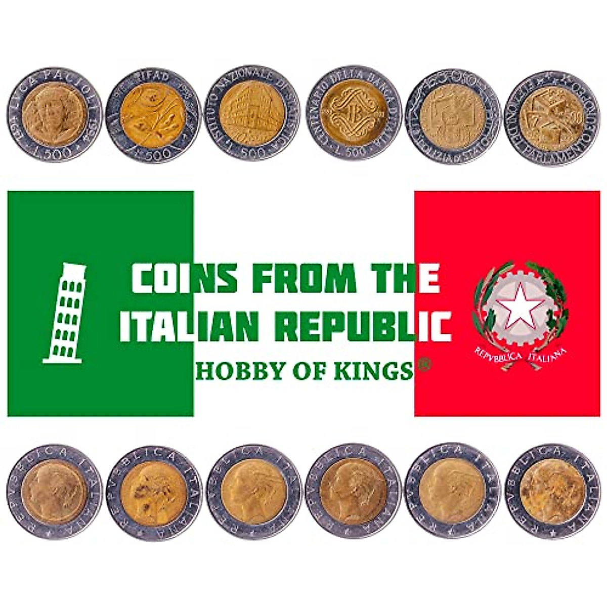 6 Coins from Italy | Italian Coin Set Collection 500 Lire | Circulated 1993-1999 | Sorghum Steam | Luca Pacioli | Globe | Archer | Star | Wheat Ear
