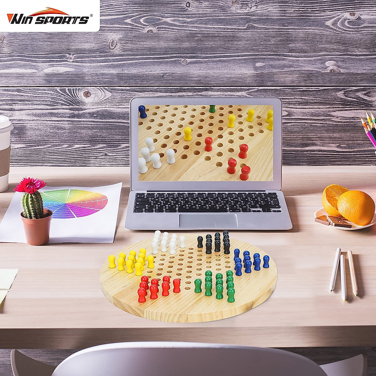 Win SPORTS Chinese Checkers Board - Wooden Game Classic Strategy Game & Fun for The Whole Family,Includes 60 Wooden Pegs in 6 Colors,Made with All Natural Wooden Materials (11.5 Inch)