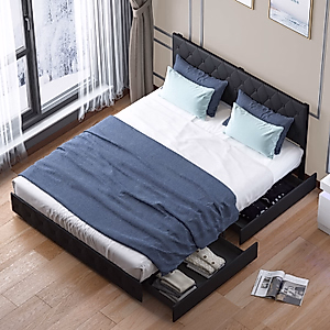 Mjkone King Bed Frame with 4 Storage Drawers, PU Leather King Size Upholstered Platform Bed Frame with Adjustable Headboard, No Box Spring Needed/Easy Assembly/No Mattress (King, Black)