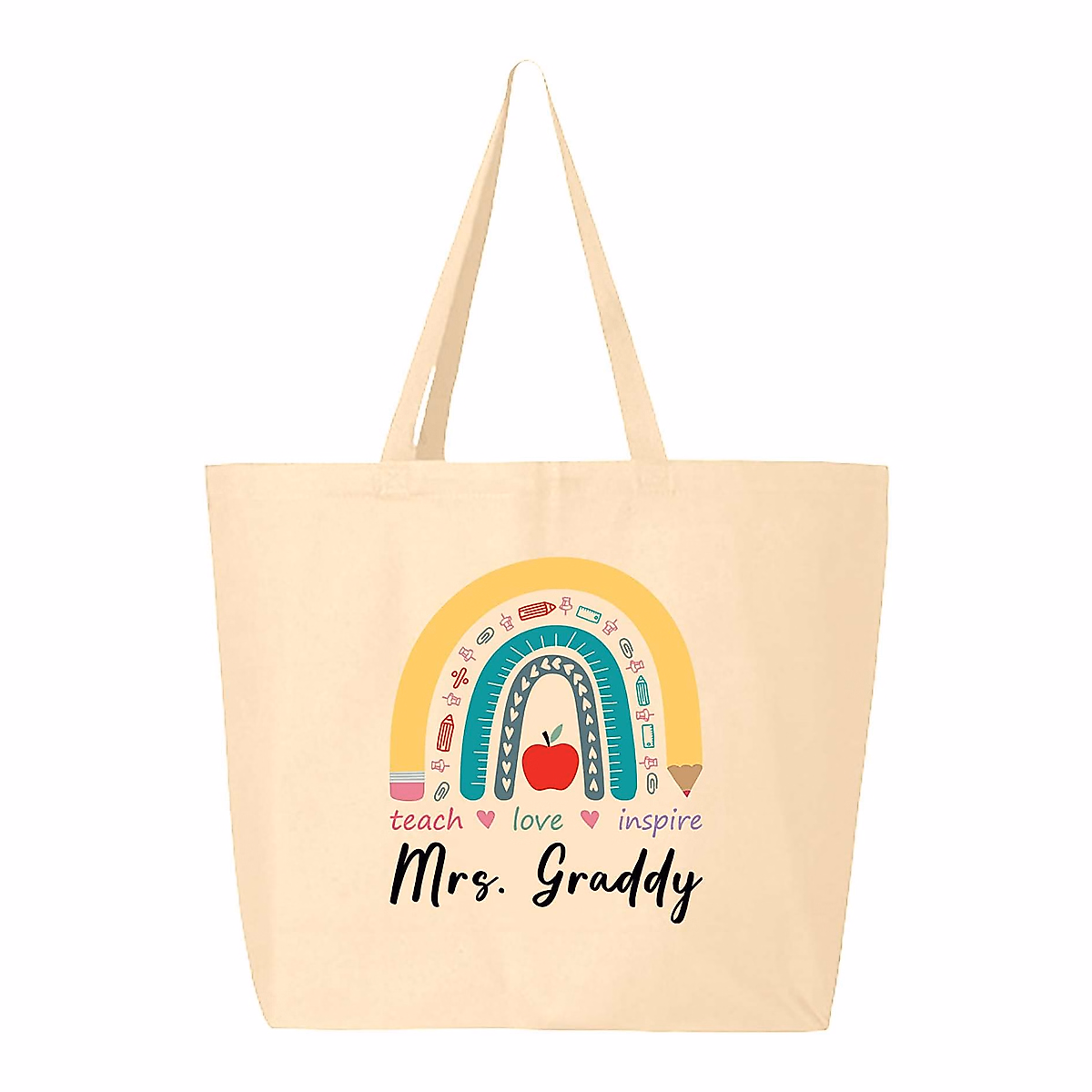 shop4ever Custom Personalized Teacher Teach Love Inspire Rainbow Jumbo Heavy Canvas Tote Reusable Shopping Bag 10 oz Natural 1 Pack