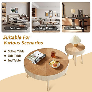 AVZEAR Nesting Round Coffee Table Set of 2, Farmhouse Modern Coffee Table, Natural Wood Nesting Tables Boho Side Table End Table Set for Living Room Bedroom, Cafe, Office, Wood Color