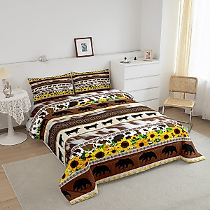 Castle Fairy Golden Sunflower Comforter Set Full Size Farmhouse Rustic Wild Animal Bedding for Girls Boys Kids Room Decor Cowhide Wildlife Skin Patchwork Soft Chic Quilted Duvet with 2 Pillowcases