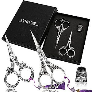 2 Pairs Embroidery Scissors Set, Sewing Scissors Sharp Tip Stainless Steel, Vintage European Design Scissors with Tassel,Thimble, DIY Tools Dressmaker Shears for Fabric, Embroidery, Needlework(Silver)