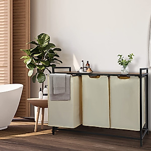 Graciadeco Pull Out Laundry Hamper 3 Compartment Laundry Sorter with Shelf 3 Section Laundry Basket with 3 x 16 Gallons Removable Bags, Beige