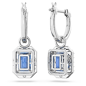Swarovski Una Earrings, Octagon cut Swarovski Zirconia, Blue, Rhodium Finish