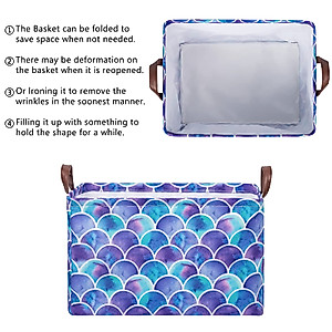 Funnewban Mermaid Storage Bin Basket Collapsible with Leather Handles Waterproof Canvas Storage Cube Box for Closet Toys Clothes Nursery Room Gift Basket