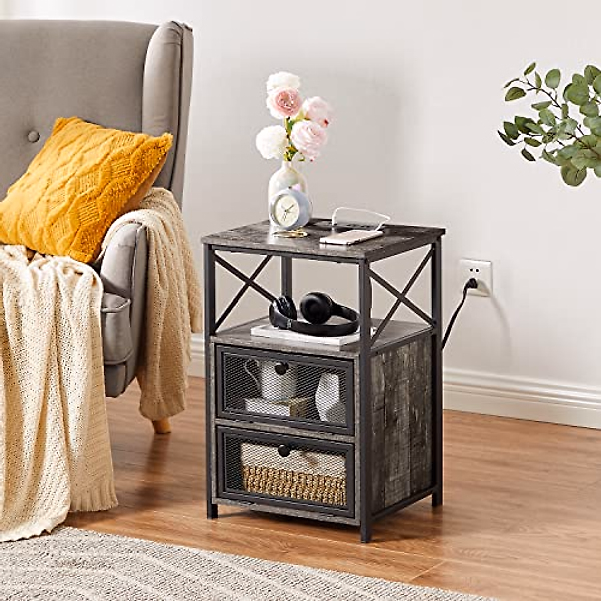 VECELO End Side Tables with Charging Station,Nightstand with 2 Flip Drawers and USB Ports & Power Outlets, Sturdy Metal Frame for Living Room, Bedroom, Set of 2,Oak Gray