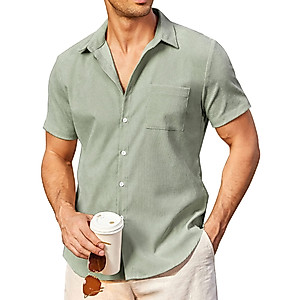 COOFANDY Mens Shirt Corduroy Casual Button Down Vacation Beach, Light Green, Large, Short Sleeve