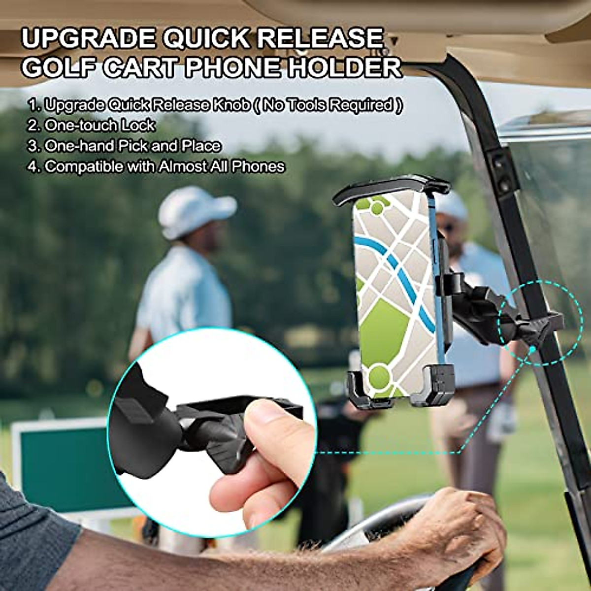 Roykaw Golf Cart Phone Mount Holder for iPhone/Galaxy/Google Pixel/Motorola & GPS SkyCaddie SX400, SX500 - Fit for EZGO, Club Car, Yamaha, ICON, Advanced EV, Upgrade Quick Release & One-Touch Lock