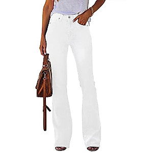Koinshha Womens High Waisted Jeans Flare Stretch Boyfriend Casual Bootcut Denim Pants White