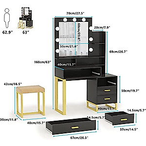 Hsozptry Vanity Set with Lighted Mirror, Makeup Vanity Table Set with LED Light, Drawers, Storage Shelves and Cushioned Stool, Small Vanity Desk for Bedroom (Black)