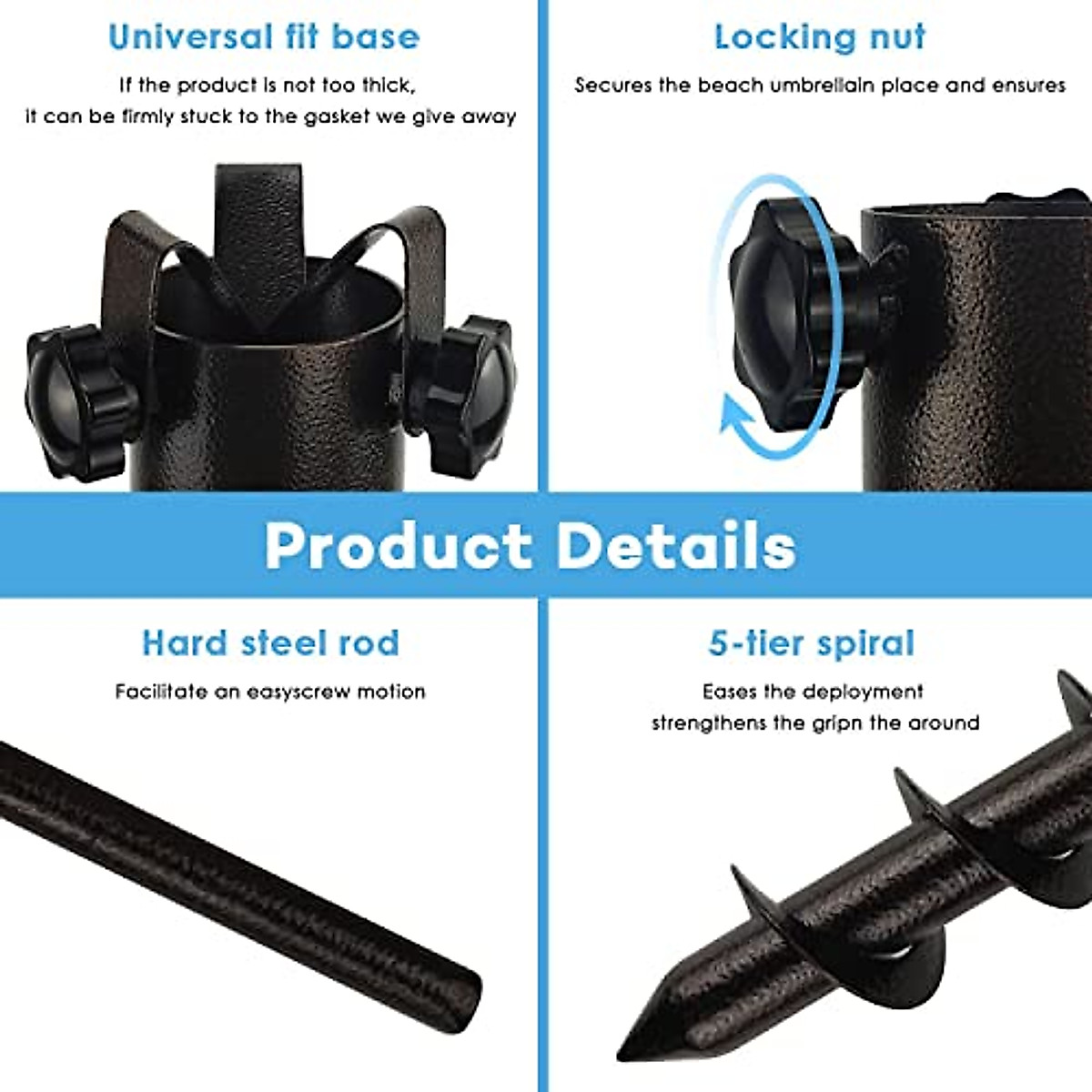 ERYTLLY No Dig Portable Screw In Umbrella Stand Heavy Duty- Beach Umbrella Base for Sand Ground Anchor Patio Flag, Pole Holder Garden - Brown Powder Coated Finish 2 Pack