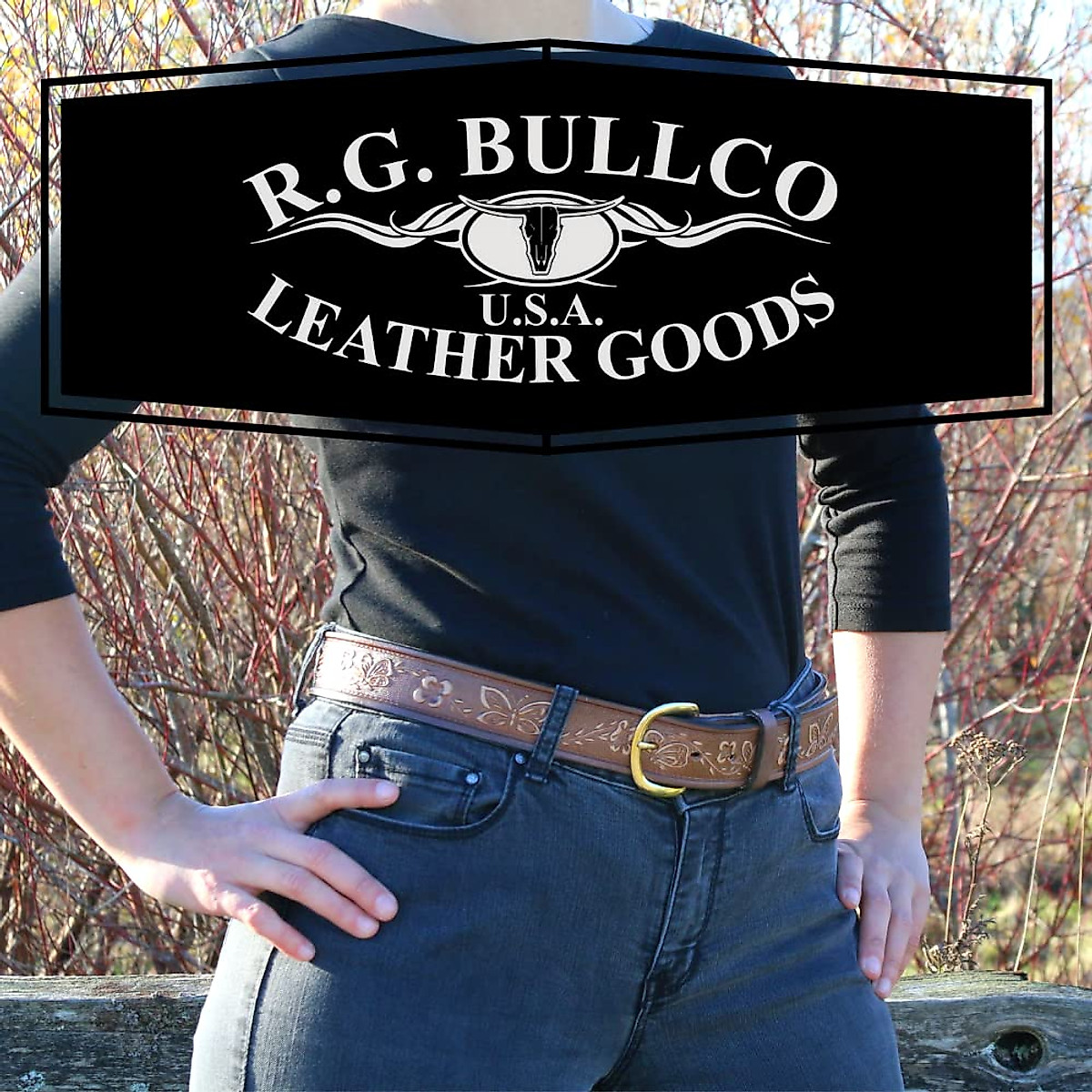 R.G. BULLCO 1-1/2" Handcrafted Women's Leather Belt - Butterfly & Floral Embossed, Full Grain Leather - Brown - Size 40 - RGB-5517