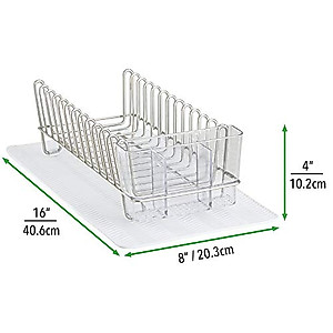 mDesign Steel Sink Dish Drying Rack/Dish Drainer Storage Organizer w/Wire Drainer, Drying Mat for Kitchen Counter, Easy Drain/Dry Dishes, Plate, Utensil - Concerto Collection, Set of 2 - Satin/White