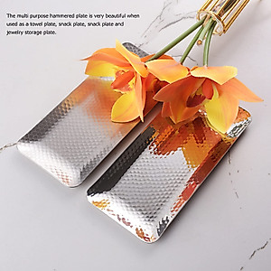 Hammered Tray with Raised Edges 9.8x4.3 inch Hammered Stainless Steel Rectangular Metal Serving Tray Platter Fruit Dish for Parties Copper Finish Makeup Organizer Jewellery Holder Towel(Silver)