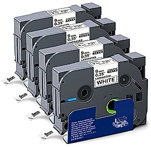 4 Pack Absonic Compatible Label Tape Replacement for Brother Tze Tape 9mm TZe-221 0.35 Laminated White Tape Tz-221 for Ptouch PT-H100 PT-H110 PT-D600 PT-D400 PT-D210 PT-1290 Label Maker, 9mm x 8m