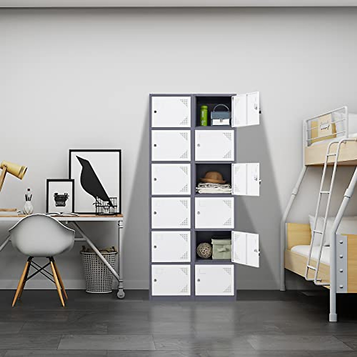 Metal Lockers for Employees - 71" Storage Locker Cabinet Large Employee Lockers with 6 Doors - 6 Tier Steel Lockers for Kids Bedroom, Gym, School, Office, Garage (6 Doors, White Grey)