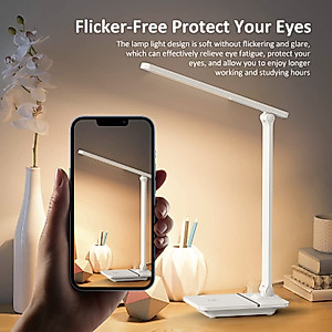 Desk Lamp with USB Charging Port , Folding Desk Light with 3 Color Modes Stepless Dimming, Eye-Caring LED Desk Lamps, Multifunction Table Lamp Touch Control Desk Lamps for Home Office(White+Black)
