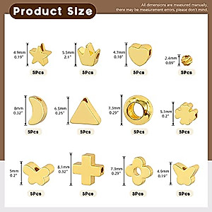 Wokape 60Pcs 12 Styles 18K Gold Plated Small Metal Beads Mixed Spacer Beads, Including Assorted Shapes, Butterfly Heart Star Flower Moon Crown Clover Triangular Beads for DIY Jewelry Making