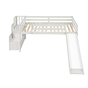 BOVZA Twin Size Low Loft Bed with Stairs and Slide, Wood Bedframe with Safety Guardrails for Kids Boys Girls, White