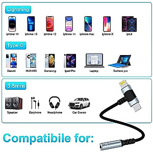 Lightning & USB-C to 3.5 mm Headphone Jack Adapter 2-IN-1 Headphone Adapter for iPhone Type C to 3.5mm Female Headphone Jack Adapter for ipad/iPhone15/14/13/12/11/8/7/Samsung/Pixel-MFI Certified
