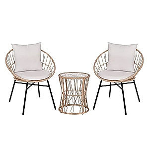 Flash Furniture Devon Indoor/Outdoor Bistro Set - Tan Finish Rattan Rope Papasan Style Chairs and Glass Top Side Table - Light Gray Back and Seat Cushions, 15.75x15.75x25, 3-Piece