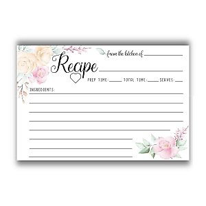Recipe Cards - Set of 50 - Blank Bridal Shower Recipe Cards Stationery - Simple Floral Print, Write Ingredients and Directions, Great Family and Friends Supplies, 4x6 Recipe Cards for Bridal Shower